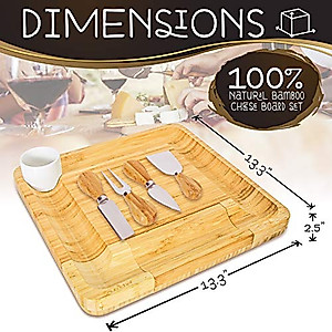 NutriChef Bamboo Natural Cheese Board Set with Bonus Condiment Cup-Extra Large Size 100% Home Organic Wooden Plate and Charcuterie Tray with 4 pcs Cutting Knife Slicer, 13" Square