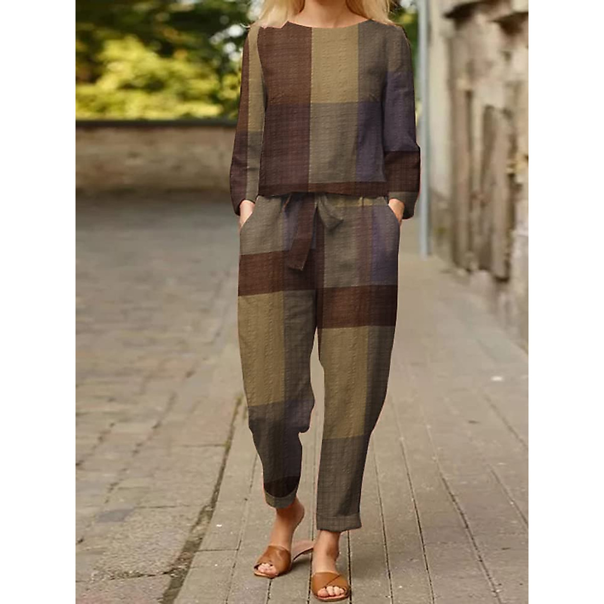 ZANZEA Women Linen Summer Outfit Suit Plaid Print Long Sleeve Drawstring Elastic Waistband Tracksuit Wide Leg Pant Baggy Tops C-Yellow-I60673 4X-Large