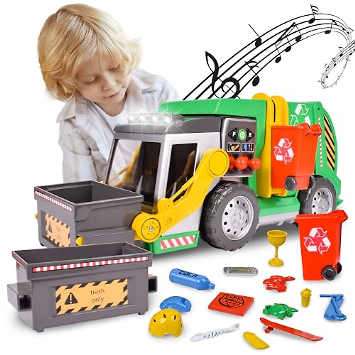 Maxx Action 19’’ 3-N-1 Maxx Recycler – Large Garbage Truck Toy with Lights, Sounds and Motorized Drive | Realistic Trash Truck with Dual Joystick Controllers - Sunny Days Entertainment | Green