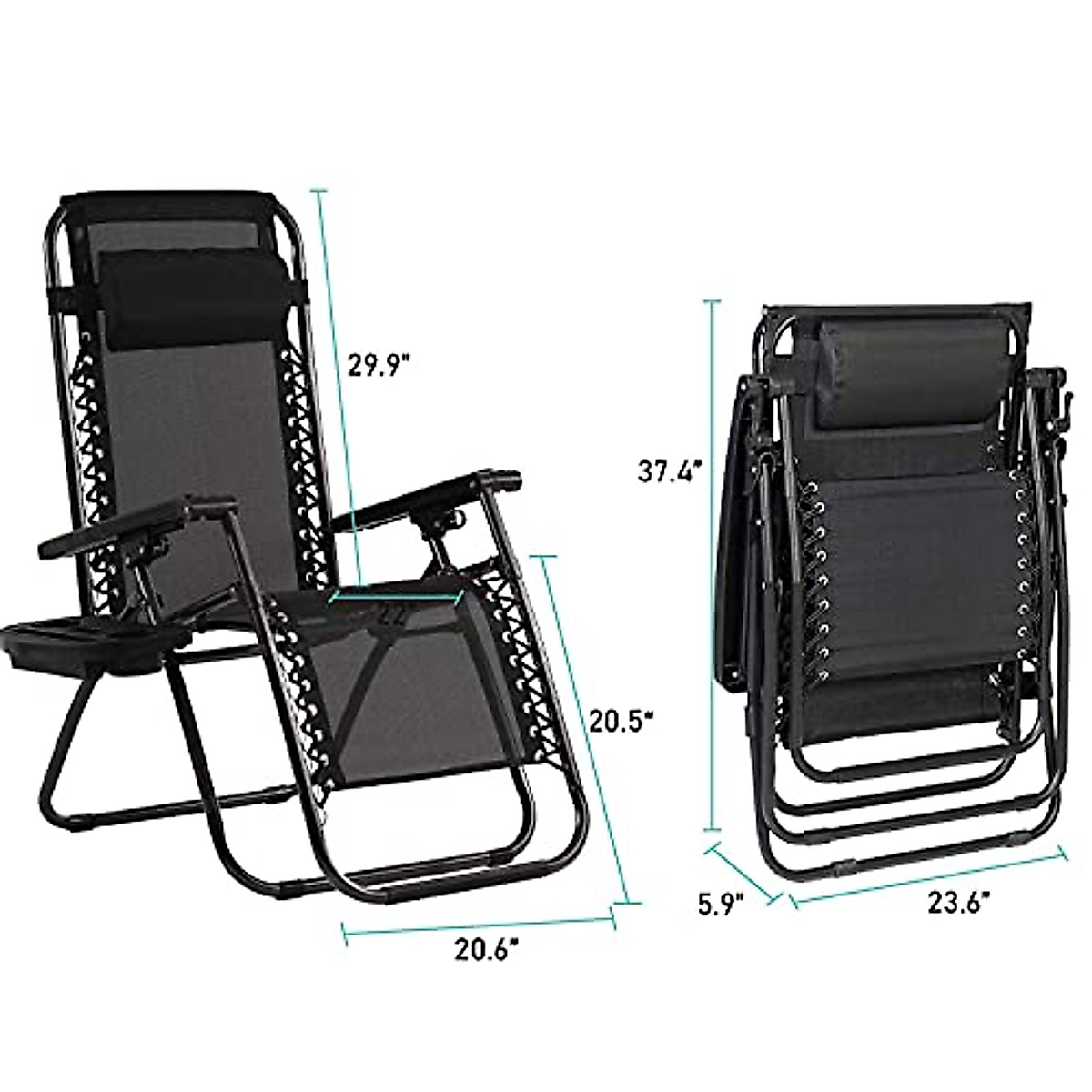 Outdoor Zero Gravity Chair 2 Pack, Folding Lounge Chair Recliners Indoor Outdoor Furniture Adjustable Camping Chair Backyard Chair Deluxe Loveseats w/Pillow and Cup Holder Tray, Black