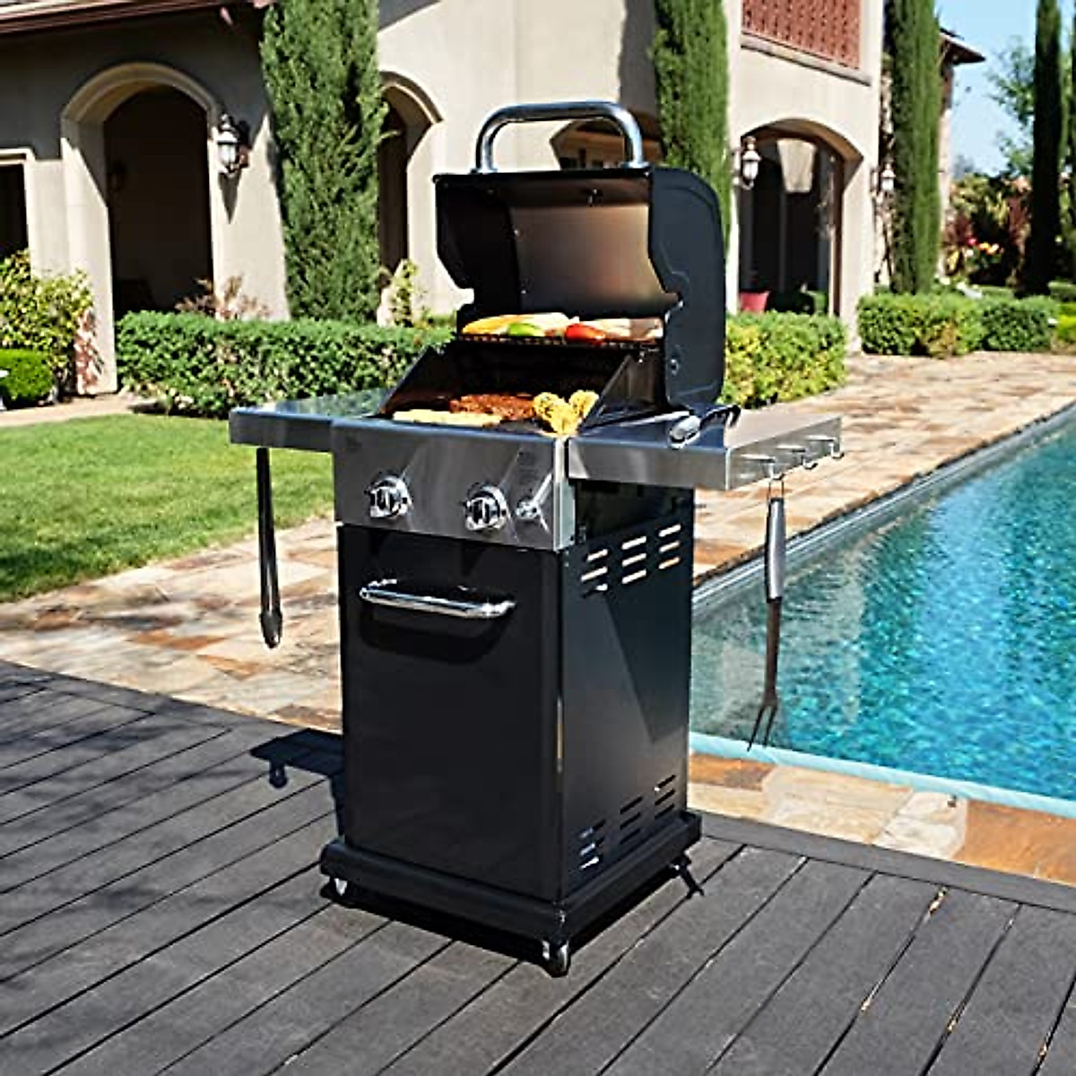 Permasteel 2-Burner Propane Gas Grill, BBQ Grill with Foldable Side Tables & Tool Hooks, Perfect for Outdoor Cooking, Patio & Garden, Black