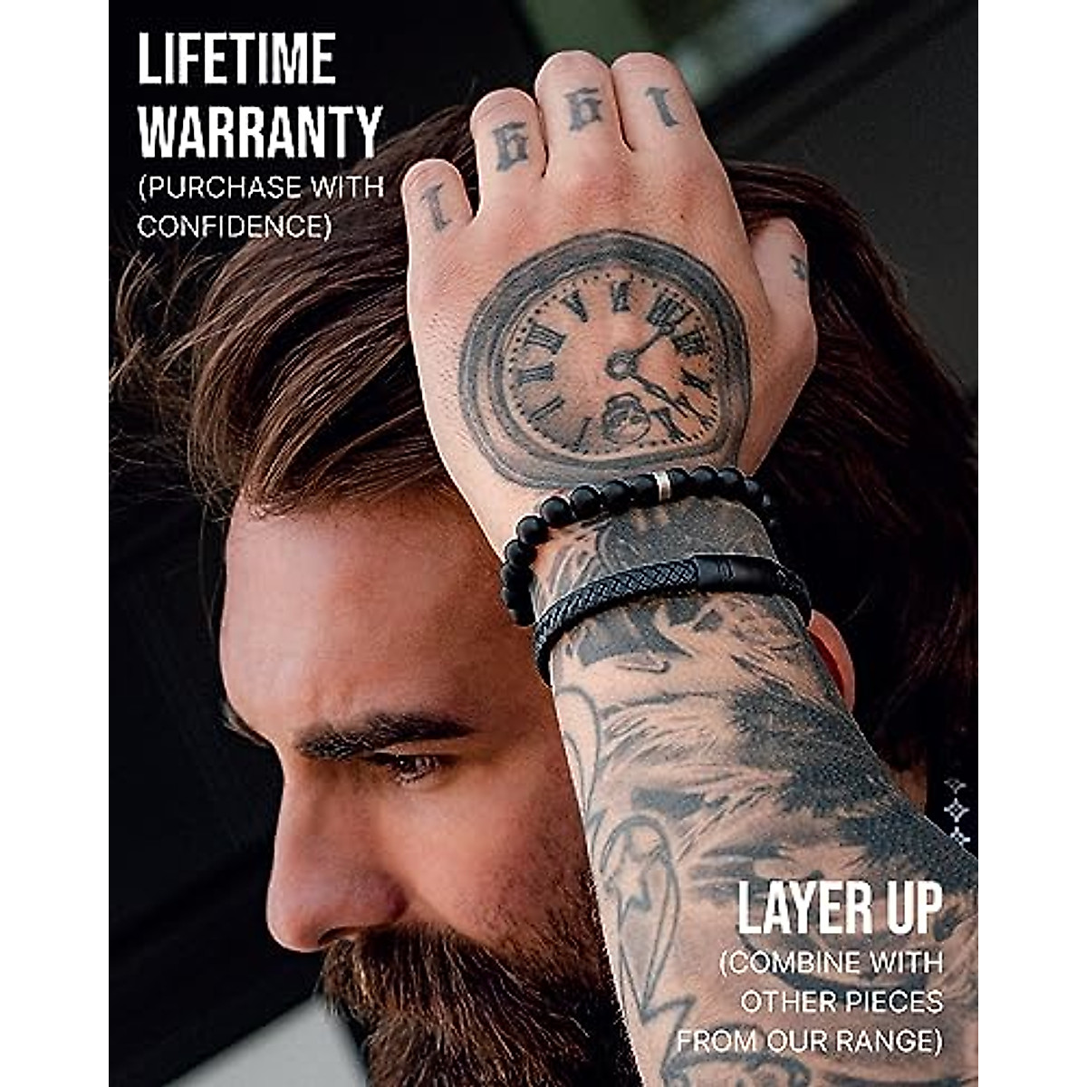 LUXAR Men’s Genuine Interwoven Black Leather Braided Bracelet | Brushed Black Stainless Steel Clasp | Large (7-7½ Inch Wrist) | Male Jewelry