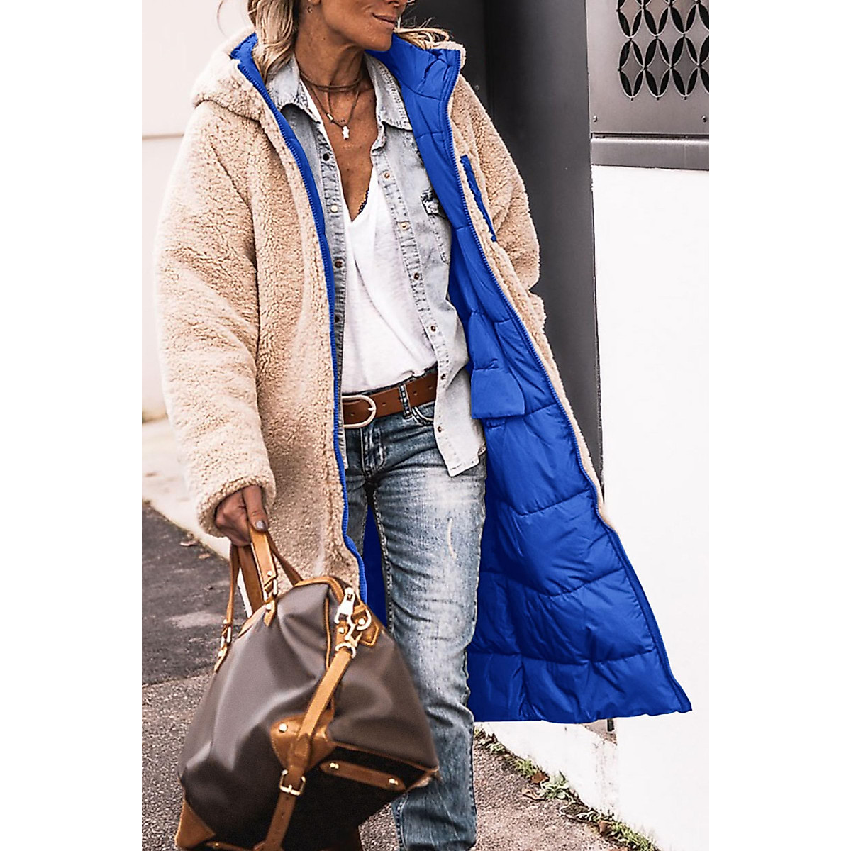 PRETTYGARDEN Womens 2025 Winter Puffer Jackets Long Sleeve Zip Up Sherpa Fleece Coats Outerwear (Royal Blue,Large)