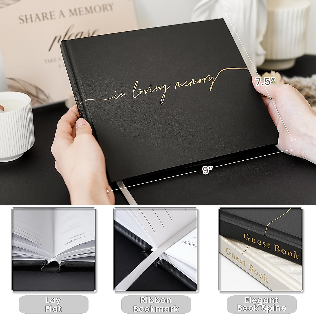 Twill Funeral Guest Book - in Loving Memory Guestbook with a Memory Table Sign - Hardcover Guest Sign in Book for Funeral Service - 320 Entries, 9"x7.5", Black