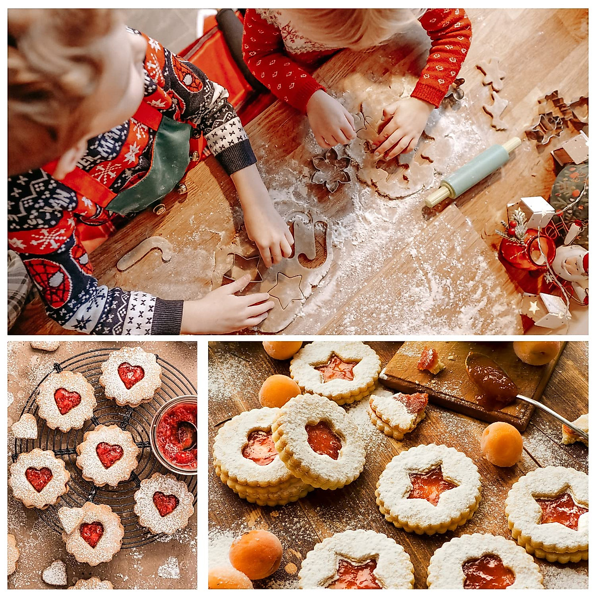 KAISHANE 9PCS Mini Linzer Cookie Cutter Set, Christmas Holiday Metal Cookie Cutters, Gingerbread Man, Christmas Tree, Bell, Heart Shape for Baking Sandwich Jam Cookies