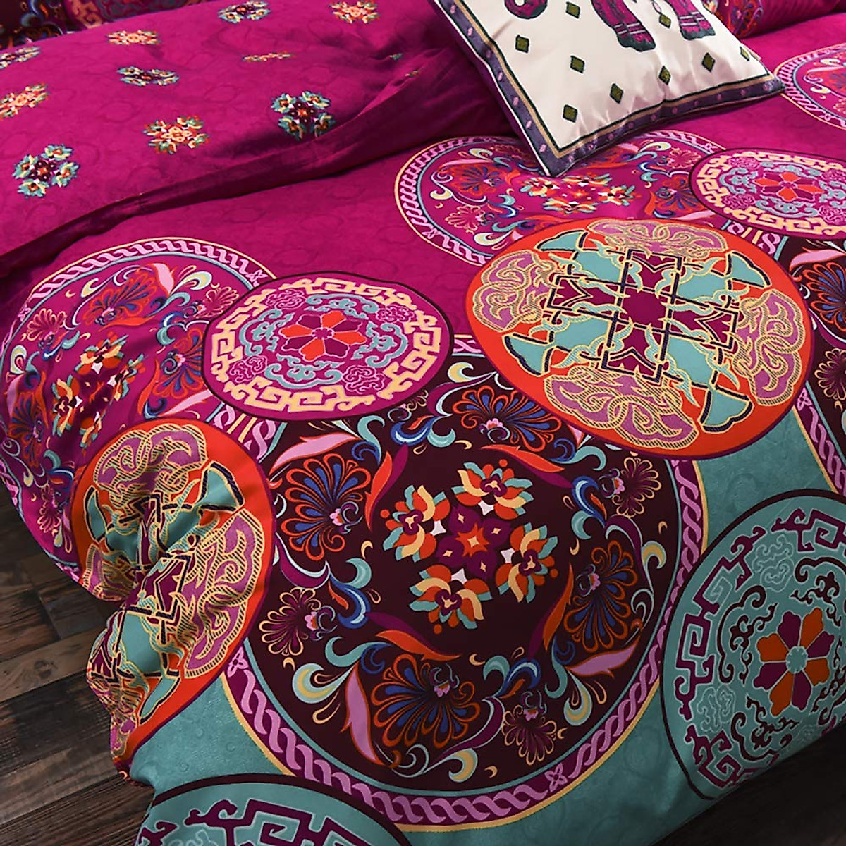 DasyFly 4PCS Bohemian Bedding Lightweight Microfiber Boho Duvet Cover Set Full Queen Size Rose Red Floral Bedding Mandala Duvet Cover with Zipper
