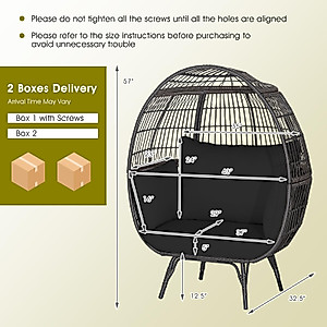 MAT EXPERT Oversized Egg Chair, Wicker Patio Basket Circle Lounge Chair w/Metal Stand & 4 Thick Cushions, PE Rattan Egg Lounger Outdoor Indoor for Backyard, Balcony, Living Room (Black)