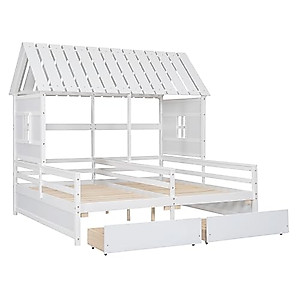 BOVZA Double Beds for 2 Kids, Twin Size House Platform Beds with Two Storage Drawers, Roof and Windows, Boy and Girl Shared Beds, Combination of 2 Side by Side Twin Size Beds, White