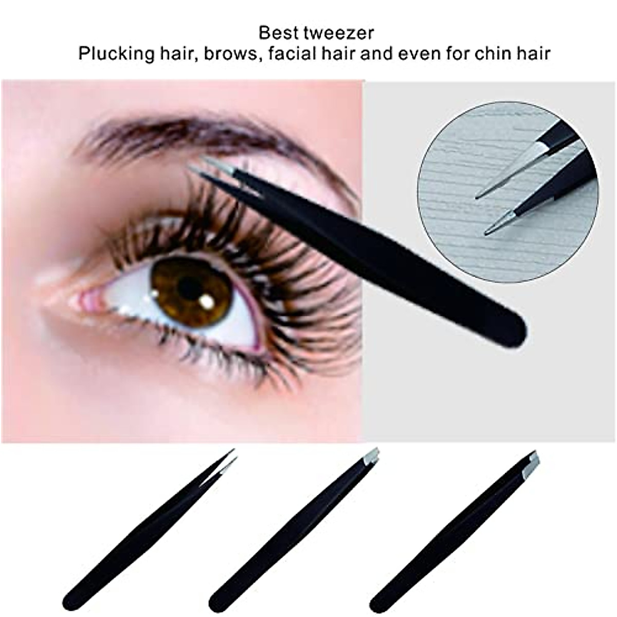 3pcs Premium Eyebrow Tweezers/Set - Stainless Steel Plucking Hair Tweezers Kit, Precision Sharp Flat/Slant/Pointed Tip Tweezers for Body, Ingrown and Facial Hair Remover for Men and Women