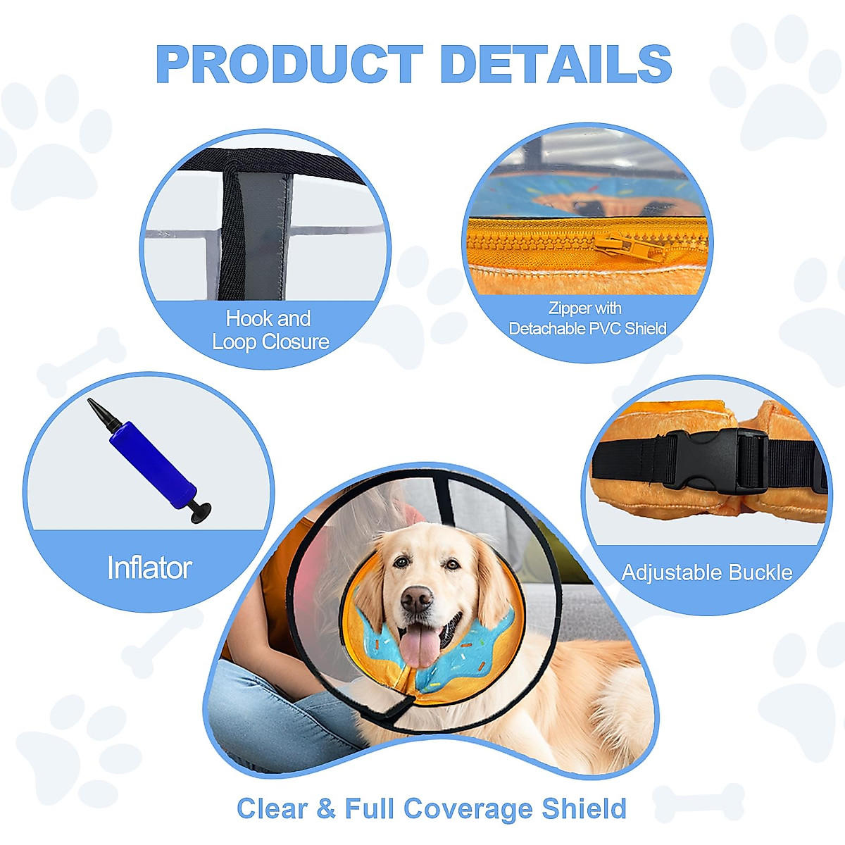 Inflatable Dog Cone, Soft Dog Cone Collar After Surgery for M L XL Dogs, with Detachable Anti Licking Shield and Inflator, 2 in 1 Adjustable Alternative, Does Not Block Vision, L