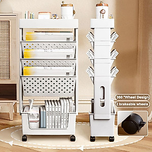 XIYAO 5 Tier Book Rack Storage Bookshelf,Plastic Removable Rolling Utility Cart Multi-Functional Movable Storage Book Shelves with Lockable Casters for Students Study Office Classroom,White