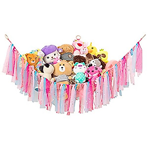 Vorey Stuffed Animal Storage Macrame Stuffed Animal Net or Hammock Toy Hammock Stuffed Animal Holder Hanging Stuffed Animal Organizer Plushie Net for Stuffed Animals Corner, Pink