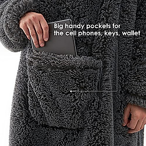 EHEYCIGA Wearable Blanket Hoodie, Shaggy Faux Fur with Big Handy Pockets and Sleeves for Adult as A Gift, Ultra Soft Plush Fuzzy Wearble Blanket for Adult (Grey,Regular Oversize)
