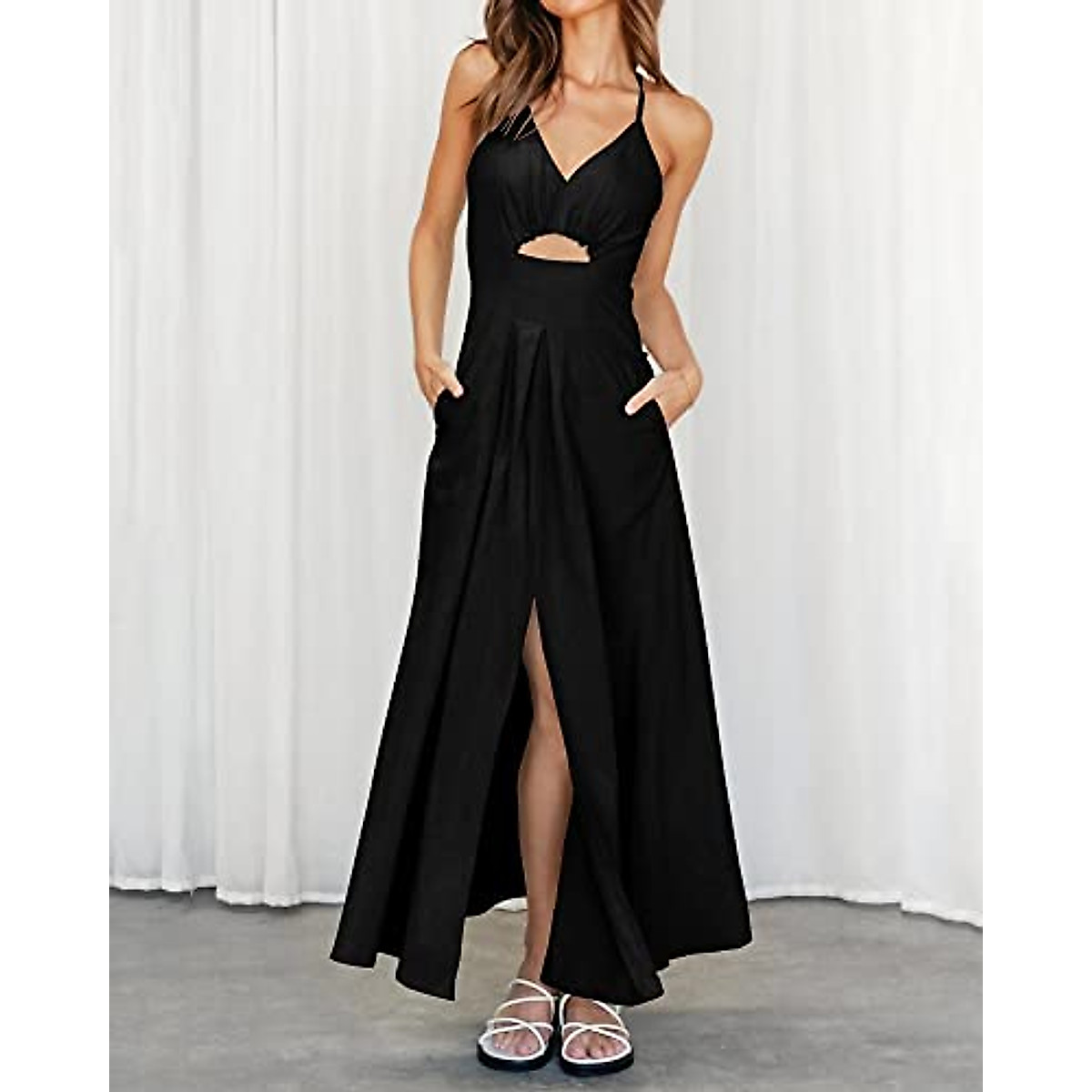 BTFBM Women 2023 Summer Spaghetti Strap Dress Sleeveless V Neck Cutout Slit Casual Beach Party Maxi Dresses with Pockets(Solid Black, X-Large)