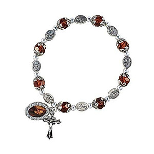 Saint St Pio Padre Pio Bracelet Amber Crystal 8mm Crystal Bead, Silver Plate Epoxy/Elastic 4 PACK - Avalon Gallery YC146