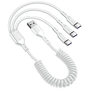 GELRHONR Retractable USB A to USB C Multi Charging Cable,Coiled 5A 3 in 1 Multiple USB C Fast Charging Cord,Compatible with Cell Phones Tablets Android and More （MAX 6.5Ft (White 1 to 3)
