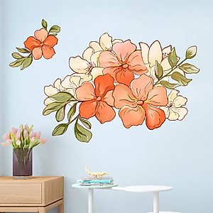 RW-6014 Romantic Orange Flowers Wall Decals Yellow Peony Rose Wall Stickers DIY Removable 3D Green Leaf Floral Blossom Plant Wall Art Decor for Kids Girls Bedroom Living Room Nursery Decoration