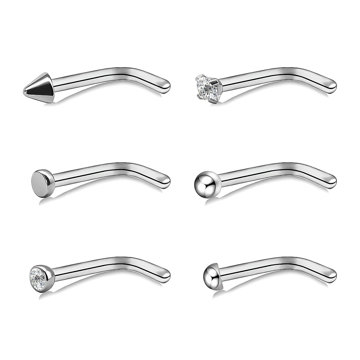 BLISI Nose Rings Titanium Nose Piercings Screw for Women Nose Rings L-Shaped Nose Studs Set for Women Men (6PCS Set 5, 18G 6.5x2)