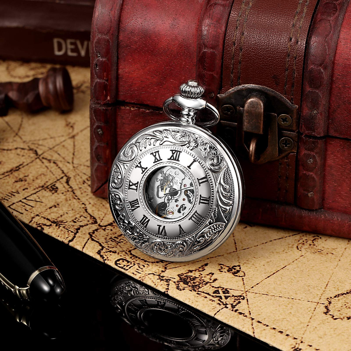 TREEWETO Antique Mens Pocket Watch Skeleton Mechanical Half Hunter Silver Case Roman Numerals