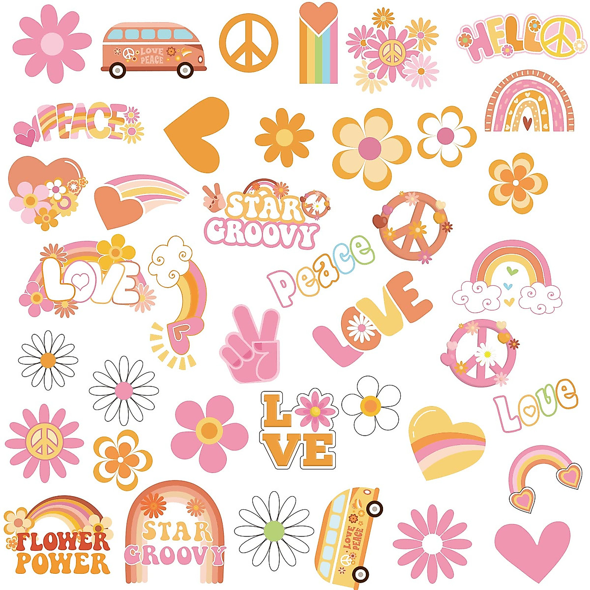 280Pcs Hippie Theme Temporary Tattoos Stickers 70's Theme Tattoos Stickers Hippie Face Body Stickers For Adults And Kids Cute Cartoon Printing Hippie Theme Assorted Groovy Party Supplies