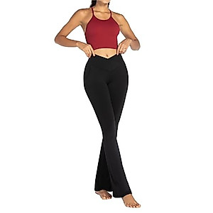 Sunzel Flare Leggings for Women with Pockets, Crossover Yoga Pants with Tummy Control, High Waisted and Wide Leg 30" Inseam Black Medium