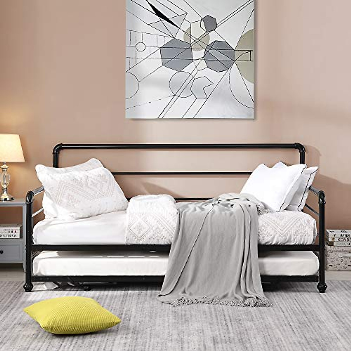 Twin Size Sofa Bed with Adjustable Trundle, Metal Frame Daybed for Living Room and Bedroom, Pop Up Trundle, No Box Spring Needed, Black