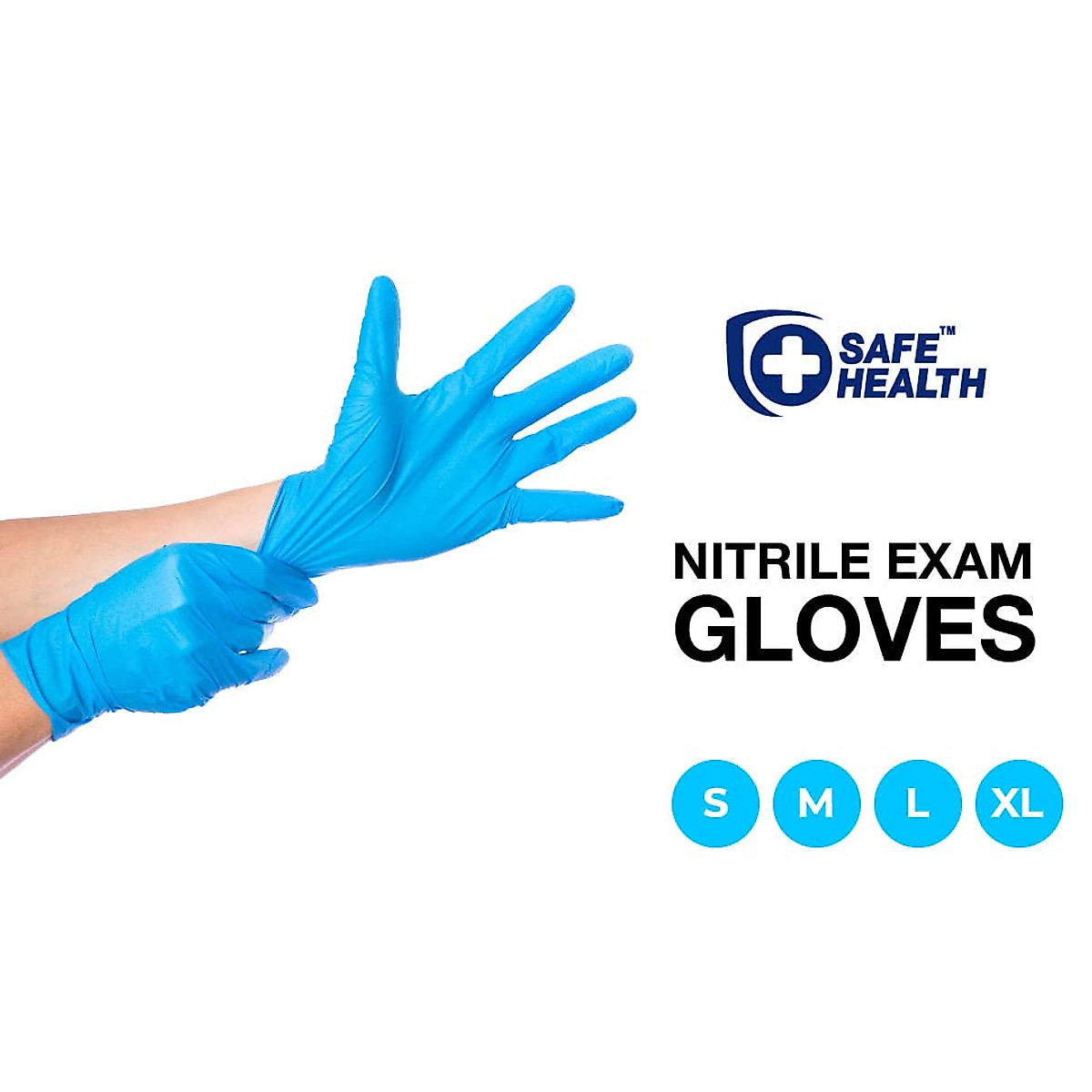 Safe Health Blue Nitrile Exam Gloves, 100-Count S M L XL, 3.5 Mil Free of Powder-Latex, Disposable-Textured, Clinic-Office-Daily, Medical, First-Aid, Clinics, Medium (M) Box 100, FIY1062G
