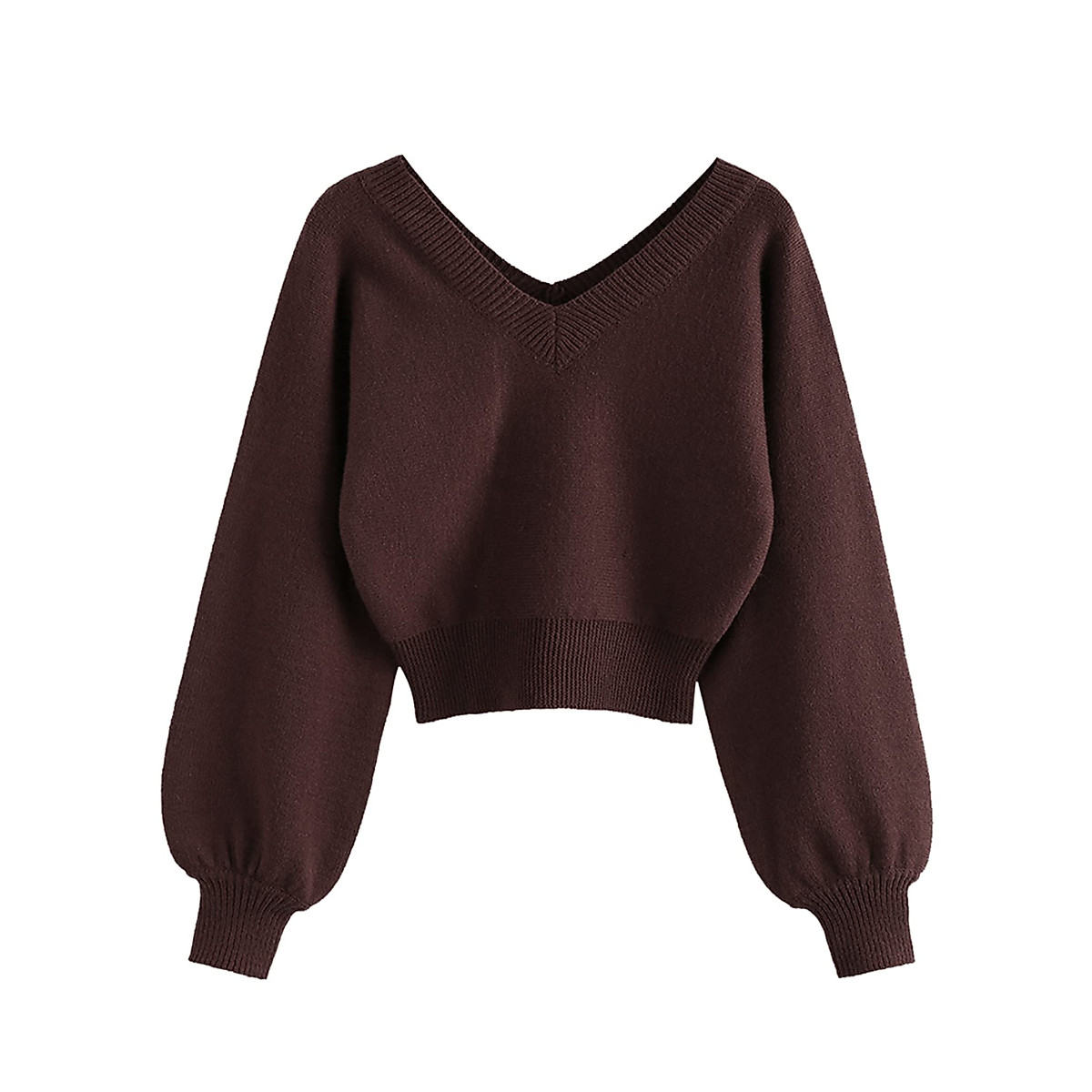 ZAFUL Women's Cropped Sweater V-Neck Long Sleeve Crop Sweater Pullover Jumper Knit Top (1-Deep Coffee, S)