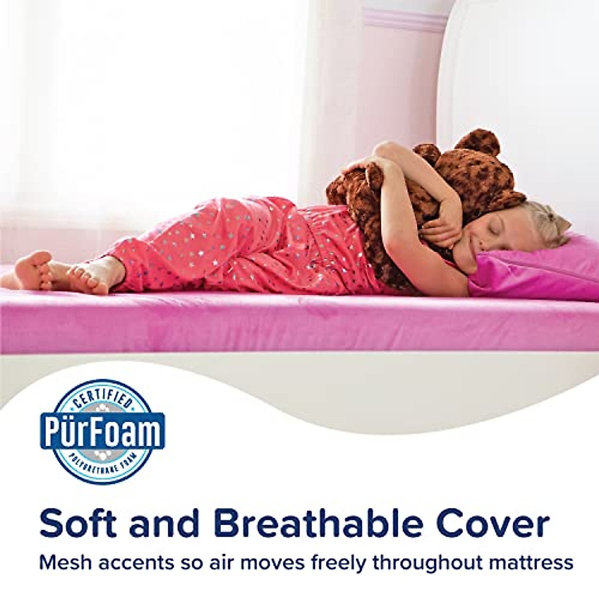 Perfect Cloud Made in The USA Kids Plush 7-inch Memory Foam Twin Mattress, Shredded Foam Pillow, and Teddy Bear for Day/Trundle/Bunk Bed - (Pink)