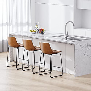 Aowos Bar Stools Set of 4, Modern Counter Height Bar Stools with Back, 26 inch Faux Leather Bar Stools with Metal Legs and Footrest, Urban Armless Dining Chairs for Kitchens Island (Brown)