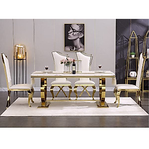 ACEDÉCOR 7 Piece Dining Table Set, Gold Kitchen and Room Sets for 6, Metal Circling Base Table in White Gold, White Leather Upholstered Chairs with Stainless Steel Legs White Table With White Chairs