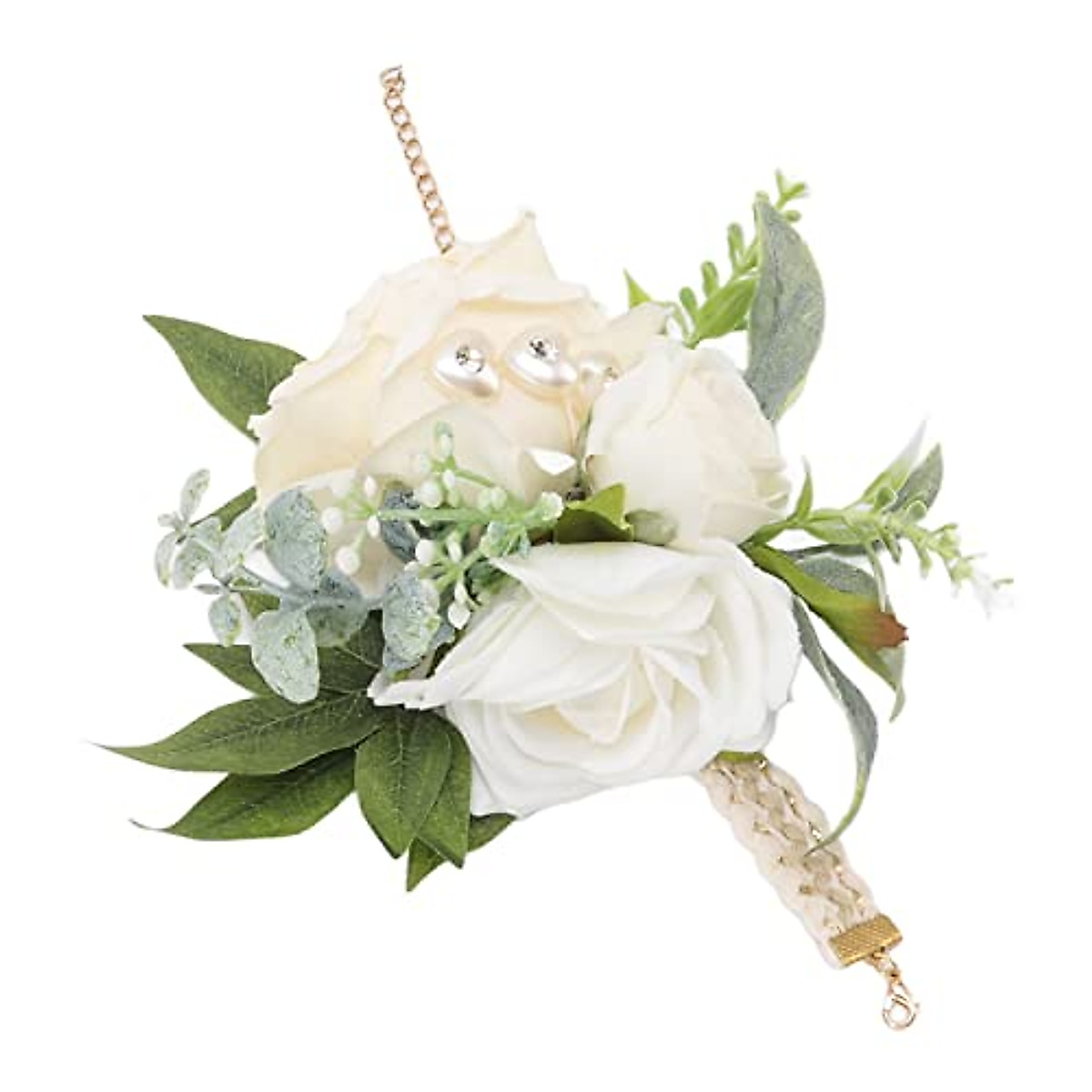 Kuuleyn Corsage Wristlet, Wrist Corsage, Wrist Corsages for Wedding Bride Wrist Flower Decorative White Roses and Green Leaves for Prom Party