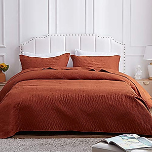 SunStyle Home Quilt Set Full/Queen Size, Rust Diamond Pattern Bedspread-90x96, Soft Lightweight Microfiber Coverlet, Luxurious Warm Bed Cover for All Seasons-3 Pieces(1 Quilt, 2 Pillow Shams)
