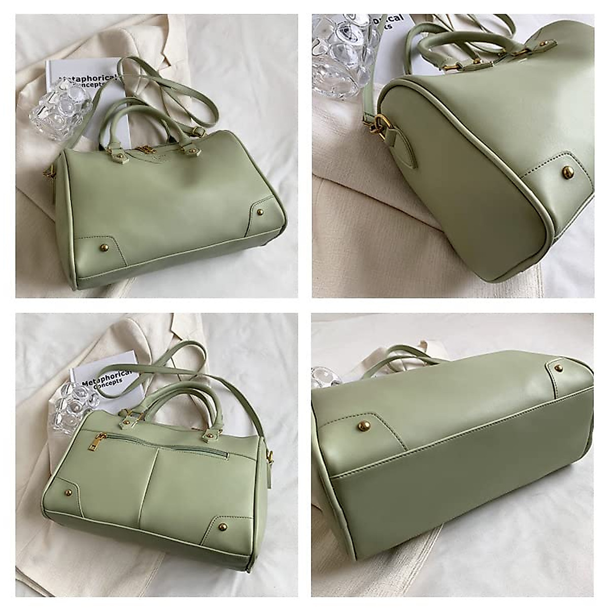 HANDAFA Boston Bag Zip Tote Handbag Vintage Shoulder Handbag With Adjustable Strap For Women(Black)