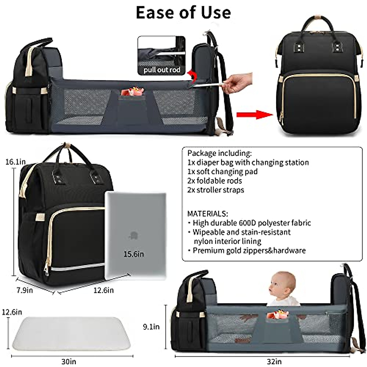 Baby Diaper Bag Backpack with Changing Station - Waterproof, Large 30L Capacity for Boy, Girl, Mom, Dad - Travel Baby Bag with Stroller Straps, Insulated Pockets - 16.5x9.4x14" - Baby Shower Gifts