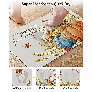 Bathroom Floor Shower Mat, Non-Slip Small Rugs - Easy to Clean, Fall Thanksgiving Pumpkins Sunflowers Wheat Maple Leaves Durable Bath Rug 16"x24" Washable Quick Dry Mats for Bathtubs