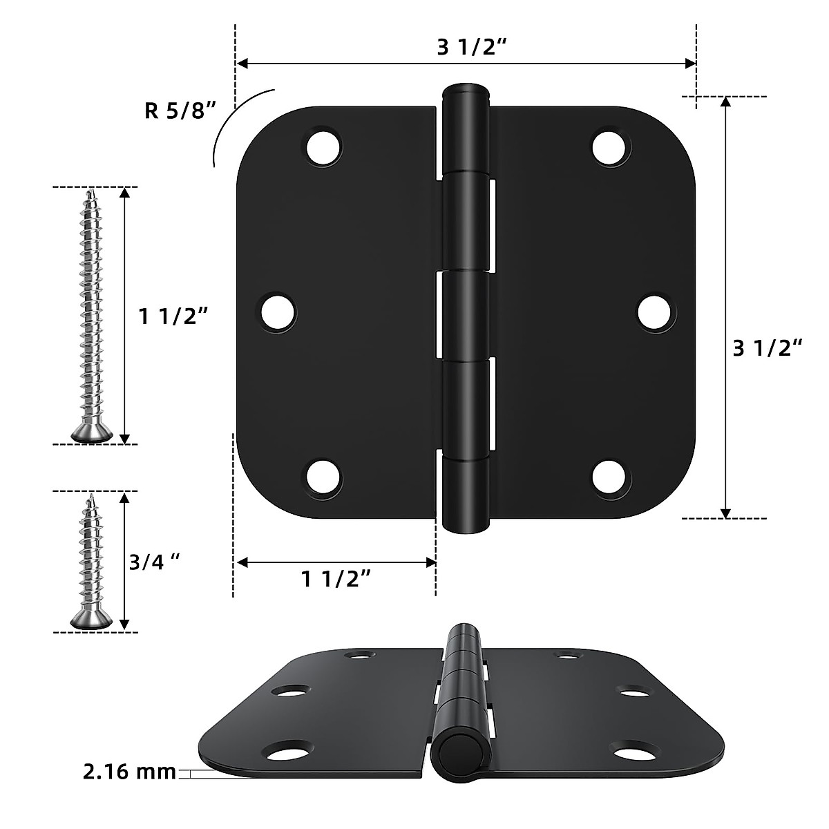 HOSOM 36 Pack Matte Black Door Hinges 3.5 x 3.5 Inch, Interior 3 1/2 Inch Door Hinges Rounded with 5/8 Radius Corners
