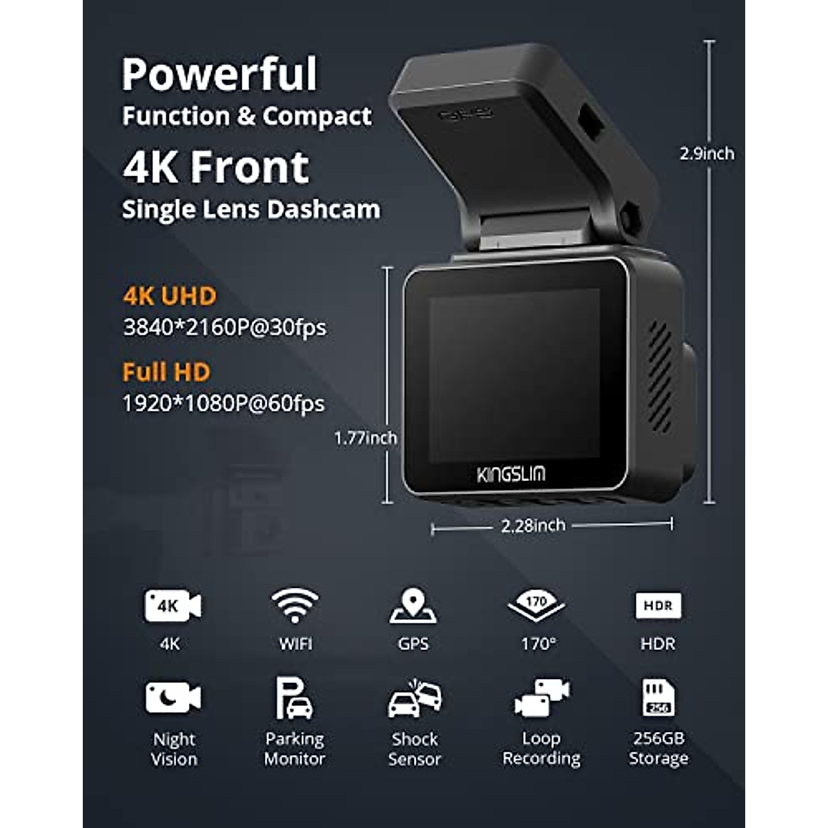 Kingslim D5-4K Dash Cam with WiFi - Front Dash Camera & PNY 256GB Premier-X Class 10 U3 V30 microSDXC Flash Memory Card - 100MB/s, Class 10, U3, V30, A1, 4K UHD, Full HD, UHS-I, Micro SD