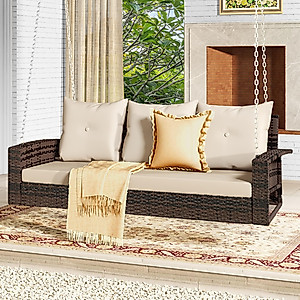 DWVO 3 Seats Porch Swing Hanging Bench Swing Outdoor Wicker Patio Swing Lounge Front Rattan Swing 794lbs for Garden, Balcony, Brown&Beige