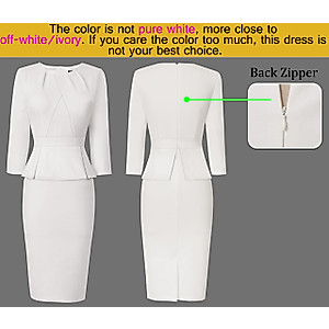 VFSHOW Womens Off-White Ivory Spring Fall Pleated Crew Neck Peplum Work Business Office Bodycon Pencil Sheath Dress 3587 WHT M
