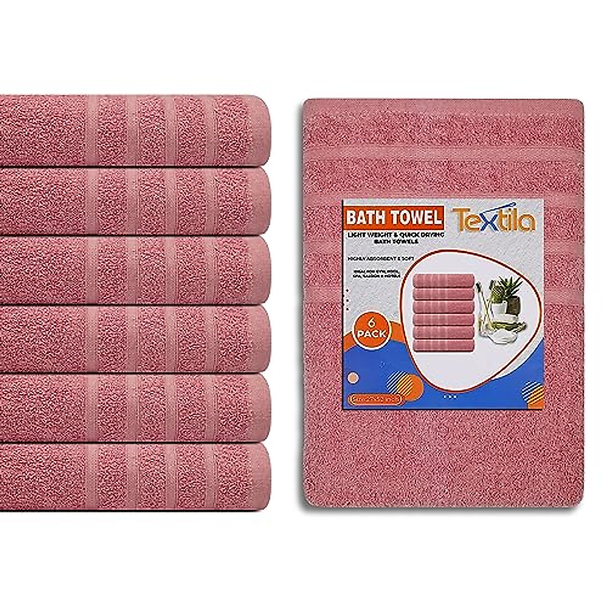 Textila Pink Bath Towels Pack of 6-24x48 inch Cotton Terry Towels for Bathroom Highly Absorbent, Soft Feel, Quick Dry, Lightweight Bath Towels for Shower, Pool, Gym, SPA, Hotel & Daily Use Towels