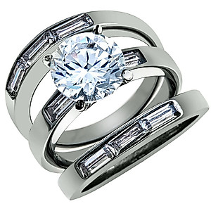 Marimor Jewelry 4.35 Carat Cubic Zirconia Stainless Steel Engagement Wedding Ring 3 Piece Set Size 5