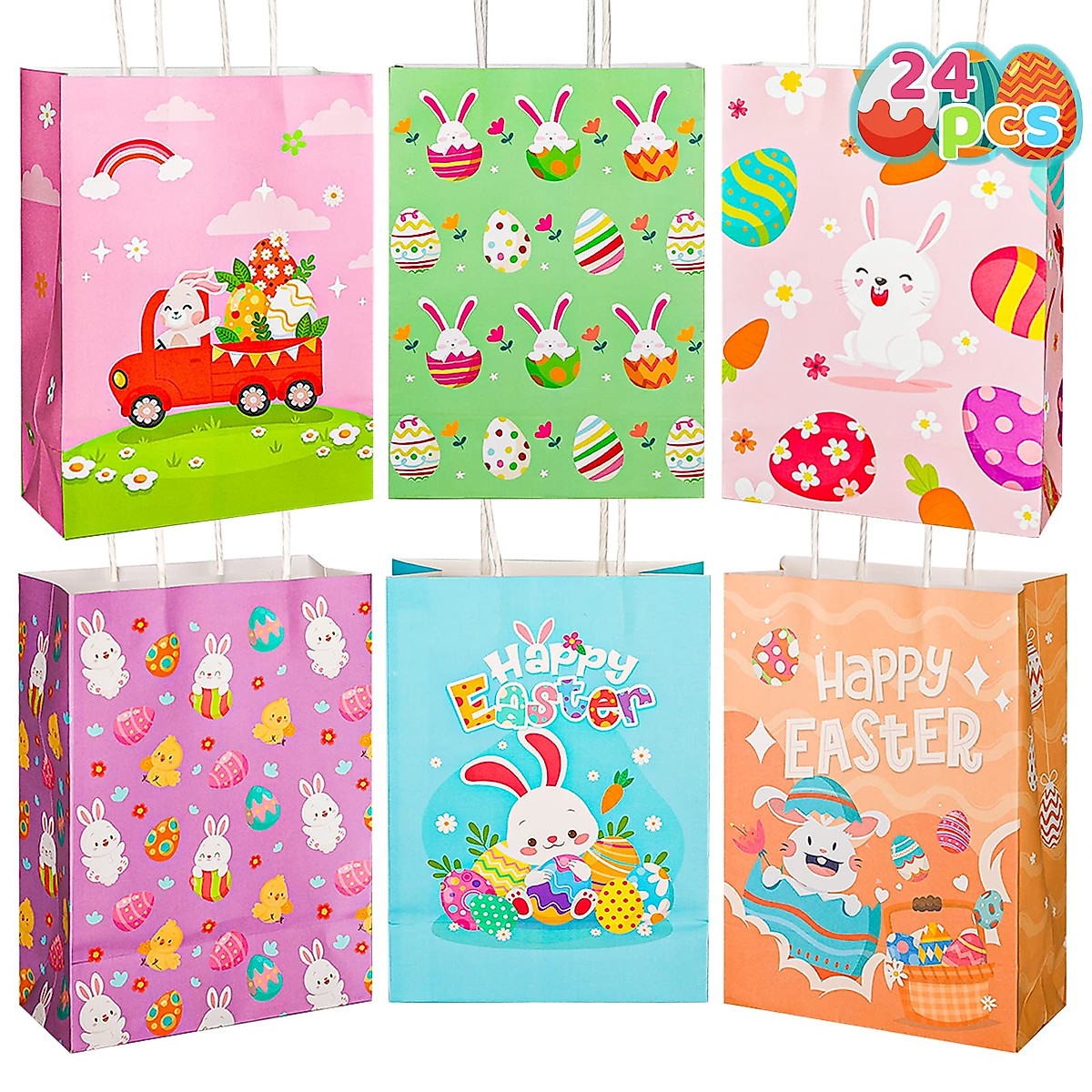 24PCS Easter Treat Bags with Handles, Easter Bags for Treats, Easter Party Favor Bags, Easter Gift Bags, Easter Egg Hunt Bags Decorated with Happy Easter Bunny and Chicks Pattern for Kids Spring Party