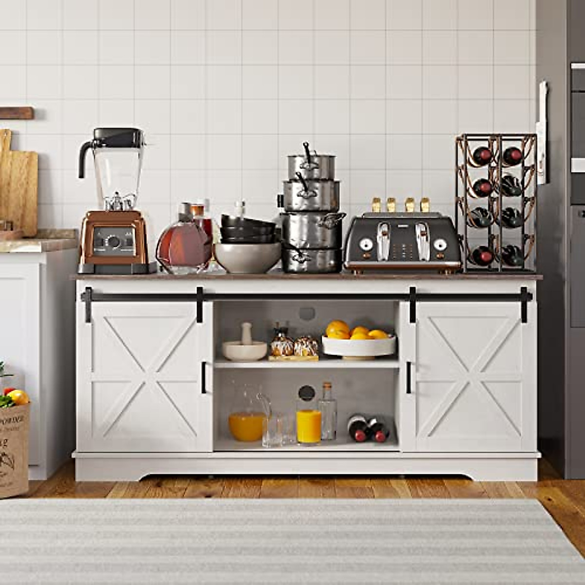 YITAHOME Kitchen Buffet Cabinet, 60“ Farmhouse Sliding Barn Door Coffee Bar Sideboard Buffet Cabinet with Capacity 300 lbs for Home Kitchen Dinning Living Room, Grey White/Grey Wash