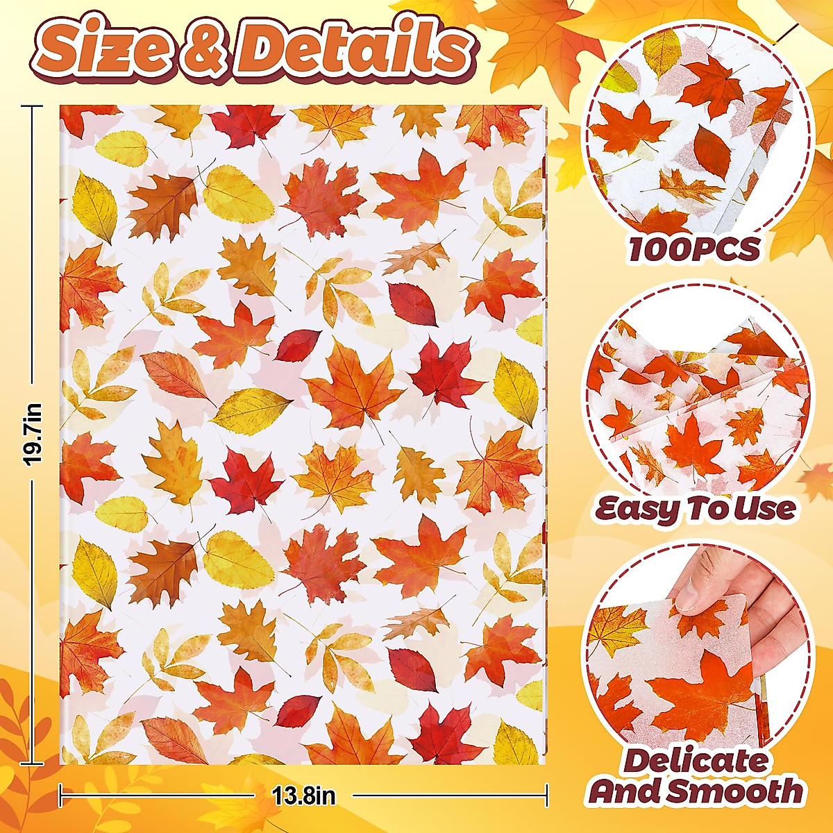 Whaline 100 Sheet Fall Leaves Tissue Paper Bulk Watercolor Maple Leaves Art Tissue Autumn Leaves Wrapping Tissue Paper for Thanksgiving Baby Shower Wedding Gift Wrapping DIY Crafts, 19.6 x 13.7 Inch