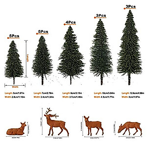 S0804T 20PCS Dark Green Pine Model Cedar Trees 2.05-4.96 inch (52-126 mm) and 4pcs Moose Deer Elk for Model Railroad Scenery Landscape Layout HO OO Scale (Mix Size)