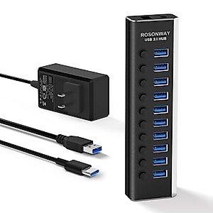 Powered USB Hub, Rosonway 10 Port USB 3.1/3.2 Gen 2 Hub 10Gbps with 36W (12V/3A) Power Adapter, Type A and Type C Cables, Aluminum USB C Hub Splitter for PC and Laptop (RSH-A10S)