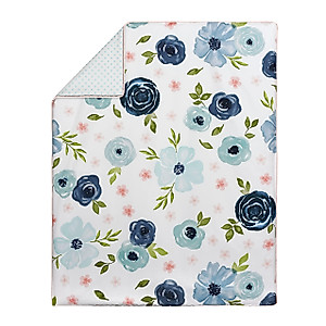 Sweet Jojo Designs Navy Blue and Pink Watercolor Floral Baby Girl Nursery Crib Bedding Set - 11 Pieces - Blush, Green and White Shabby Chic Rose Flower Polka Dot