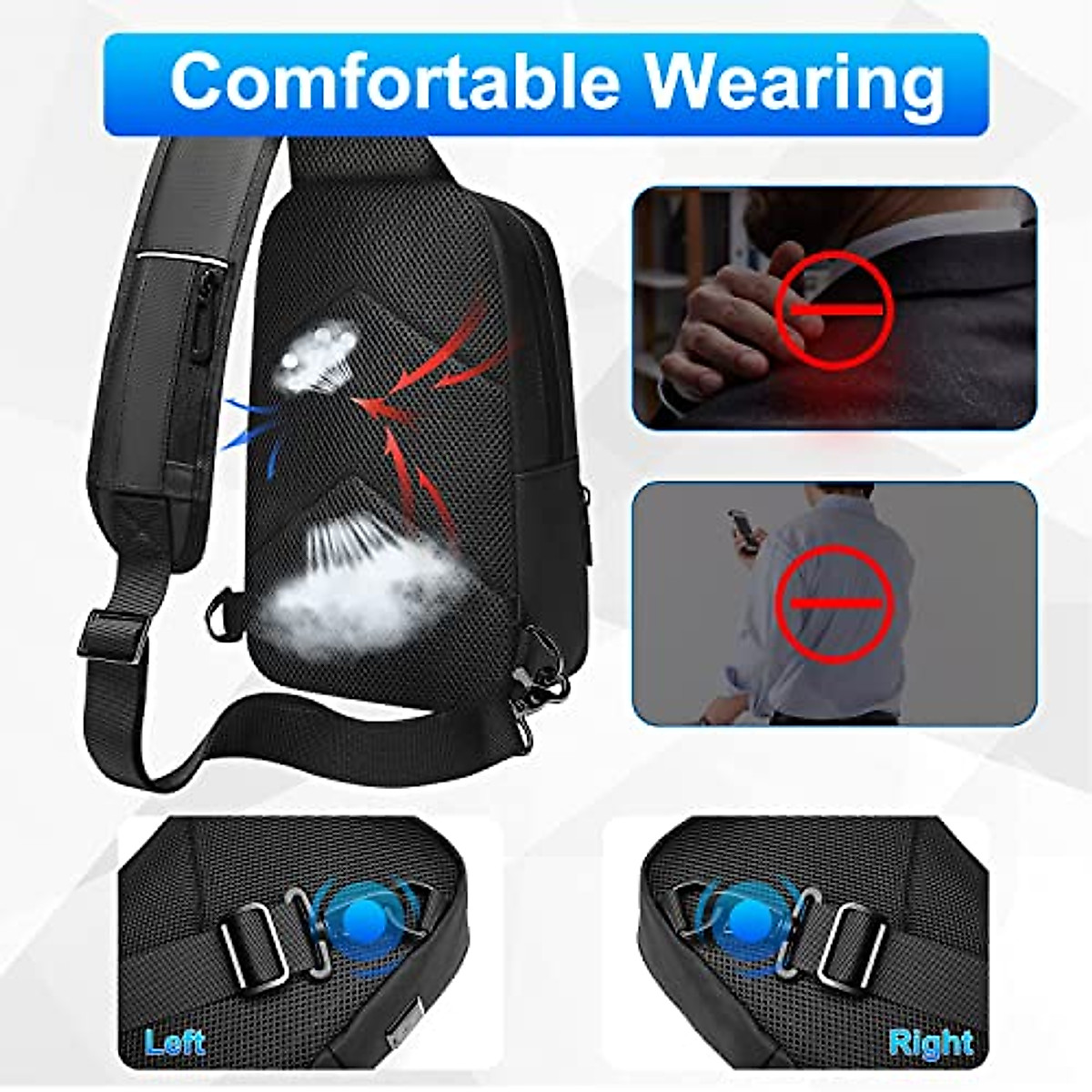 GYakeog Sling Bag for Men Women, Waterproof crossbody bag Tactical Sling Backpack for Men Shoulder Bag with USB Port Crossbody Chest for Outdoor Sport Travel Casaul black