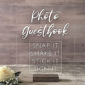 Wedding Photo Guestbook Acrylic Sign | Wedding Guest Book Sign-in | Clear Lucite Sign with Stand | Handmade & Hand-Painted Sign Our Guestbook Message Sign (8x10, Dark Walnut)